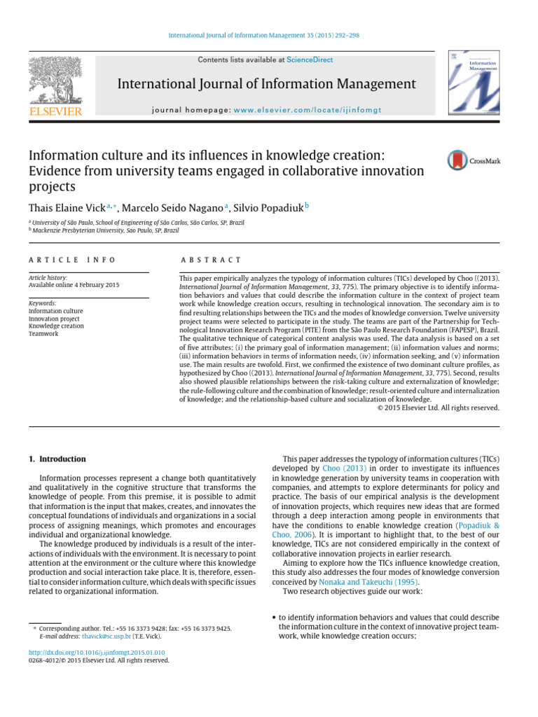 Vick Et Al., 2015 Information Culture and Its Influences in Knowledge Creation | PDF | Tacit ...