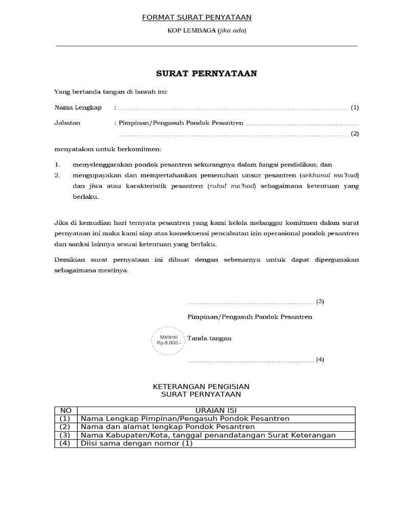 Contoh Surat Pernyataan Pondok Pesantren | PDF