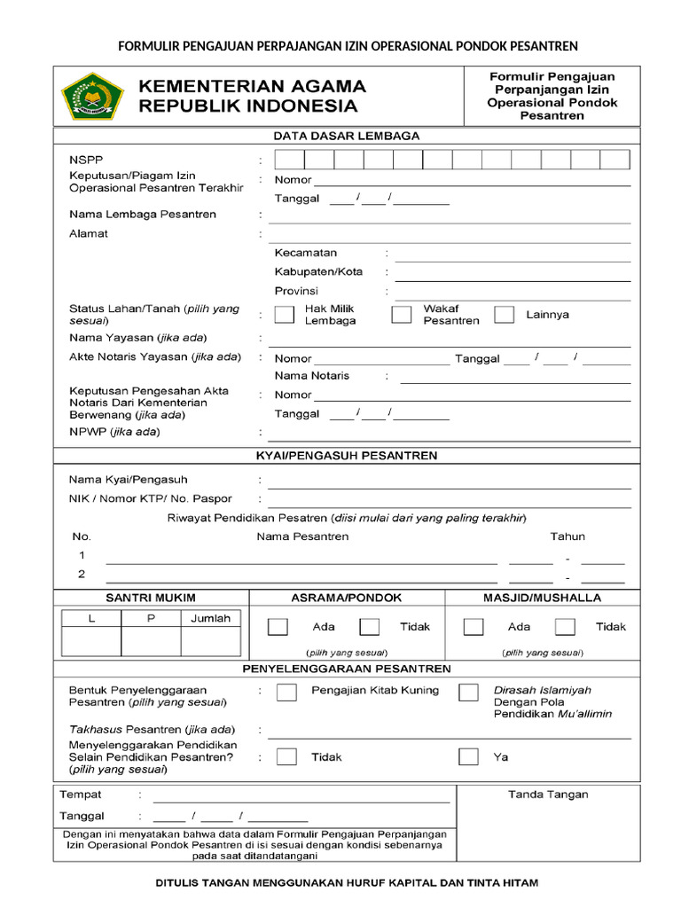 Formulir Pengajuan Perpanjangan Izin Operasional Pondok Pesantren | PDF