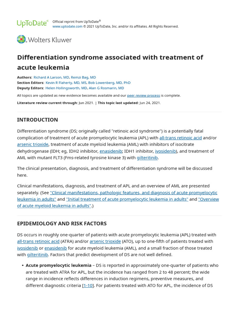 Differentiation Syndrome Associated With Treatment of Acute Leukemia - UpToDate | PDF | Heart ...
