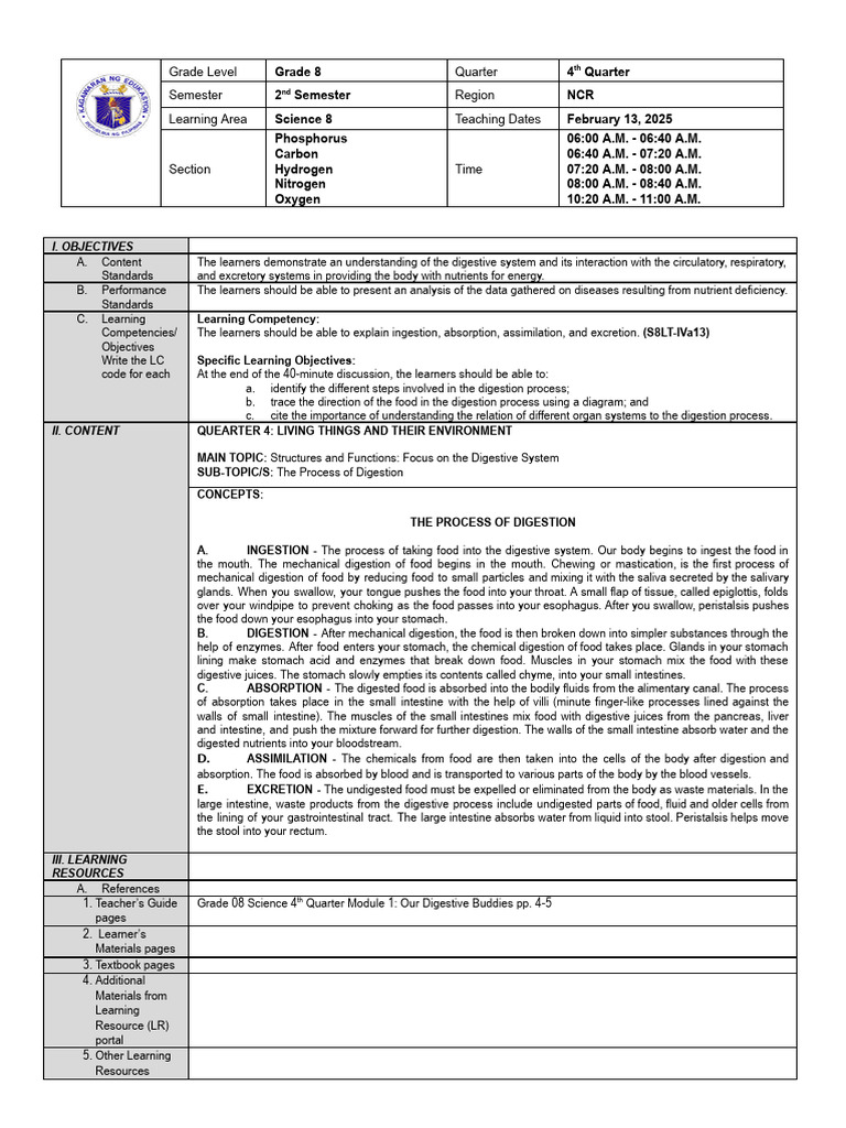 Digestive System Lesson Plan for Grade 8 | PDF | Gastrointestinal Tract ...