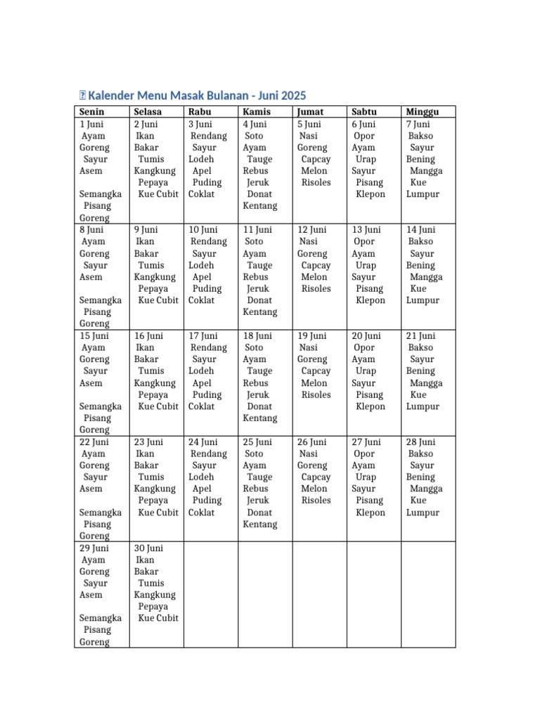Kalender Menu Masak Juni 2025 | PDF