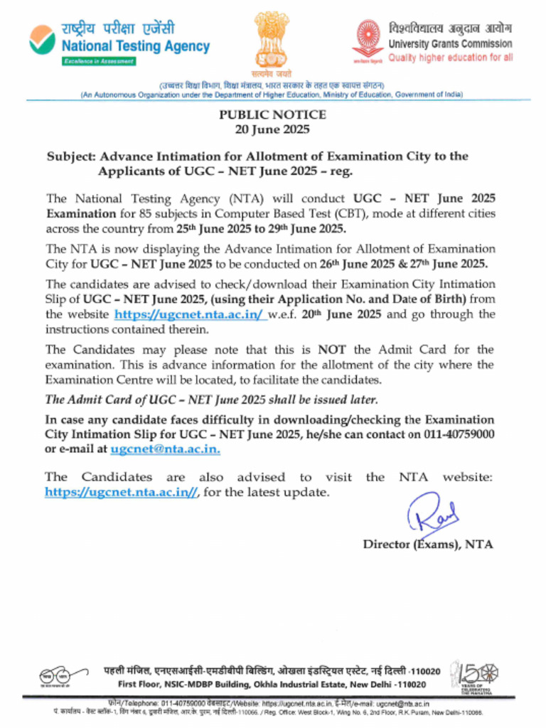 Public Notice For Advance City Intimation of Ugc Net June 202526and27 ...
