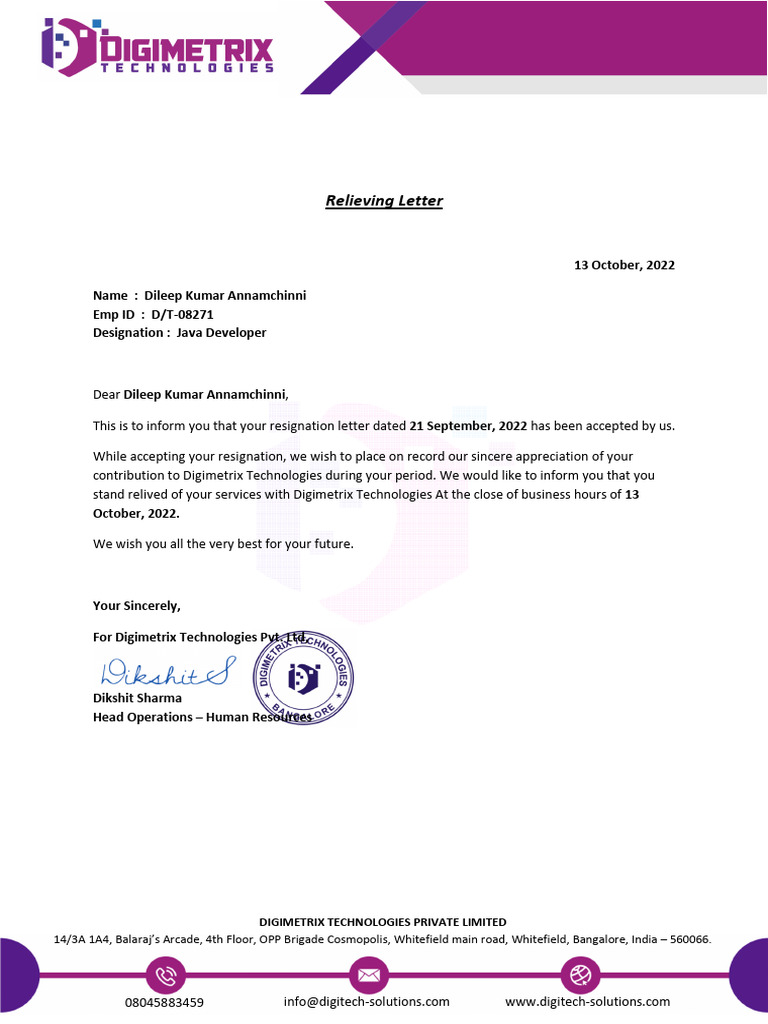 Relieving Letter: 13 October, 2022 Name: Dileep Kumar Annamchinni Emp ...