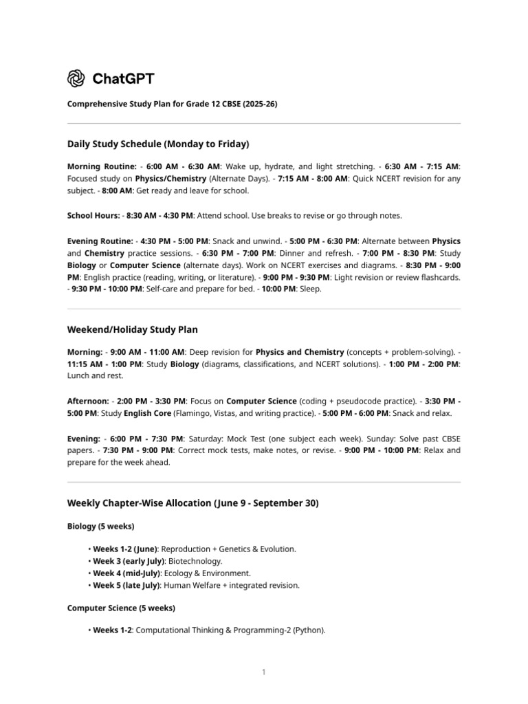 CBSE Class 12 Study Plan 2025-26 | PDF