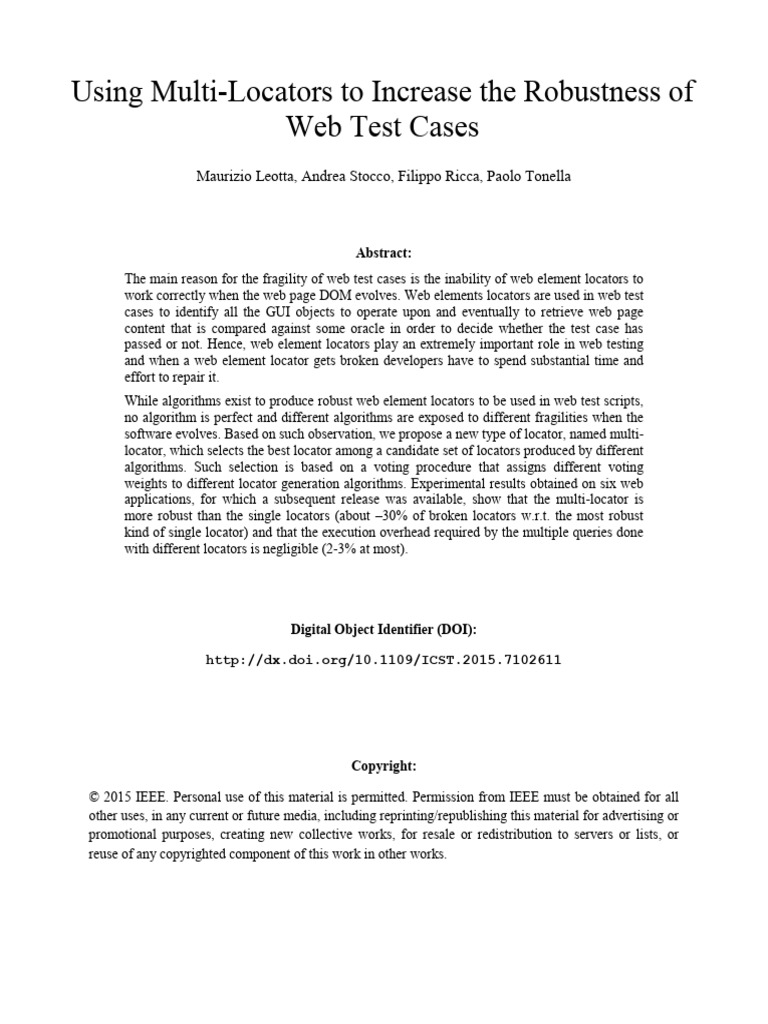 Using Multi Locators To Increase The Robustness Of Web Test Cases Pdf Software Testing X Path