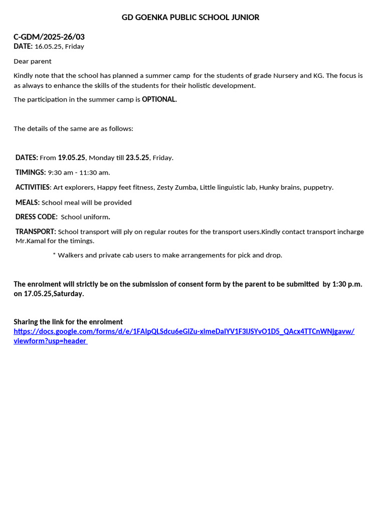 Consent Form - Summer Camp 2025-26 Nur and KG | PDF