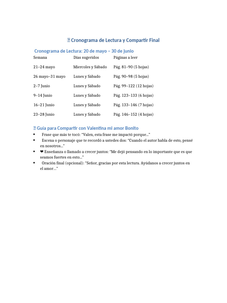 Cronograma Lectura y Compartir Yampier | PDF