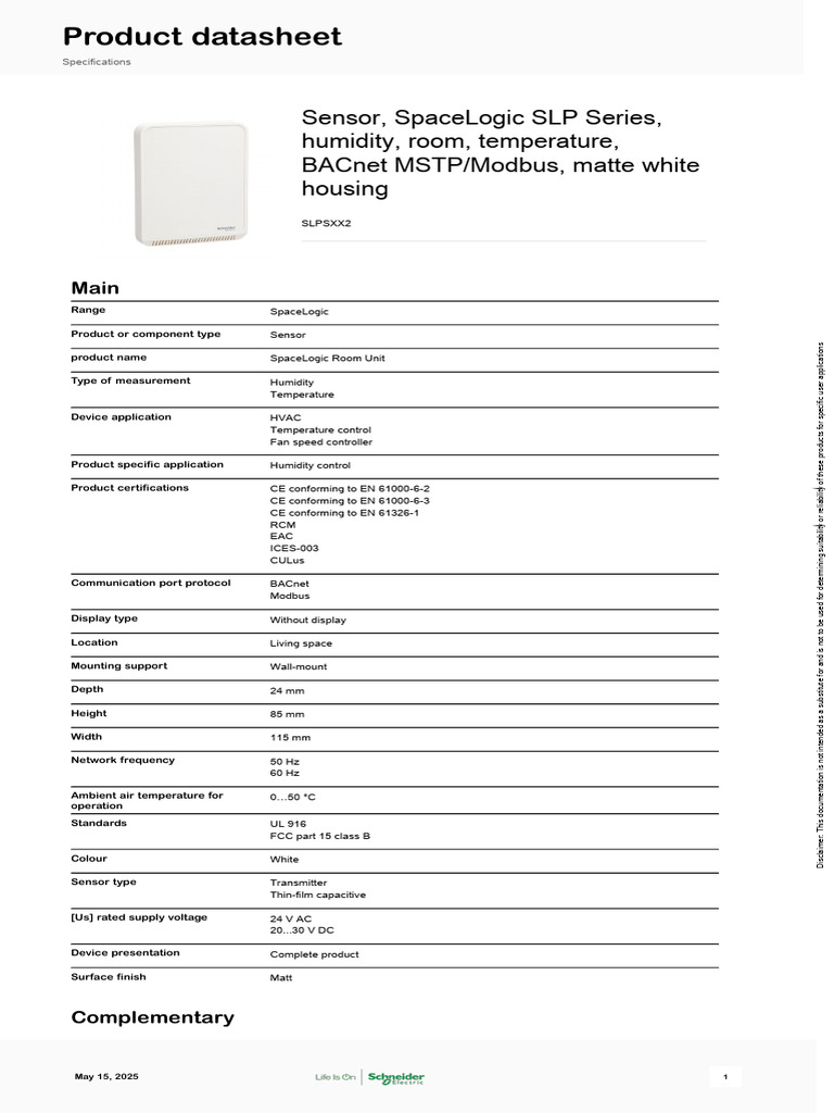 Schneider Electric SpaceLogic Living Space Analog Protocol Sensors SLPSXX2 | PDF | Sensor ...