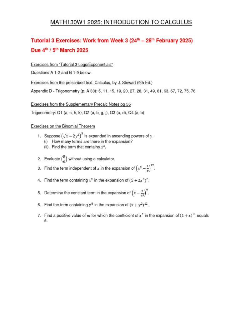 Calculus Tutorial 3 Exercises 2025 | PDF | Trigonometry | Trigonometric ...