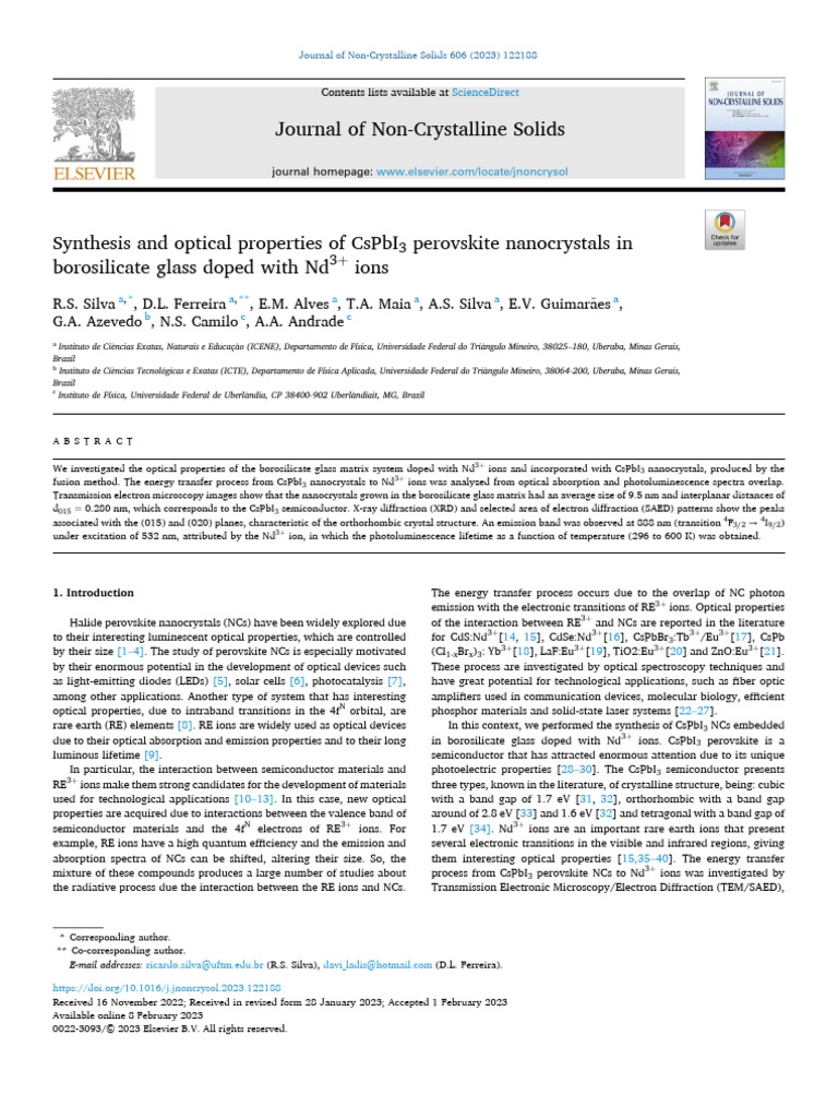 Artigo A1 (2023) - Synthesis and Optical Properties of CsPbI3 ...