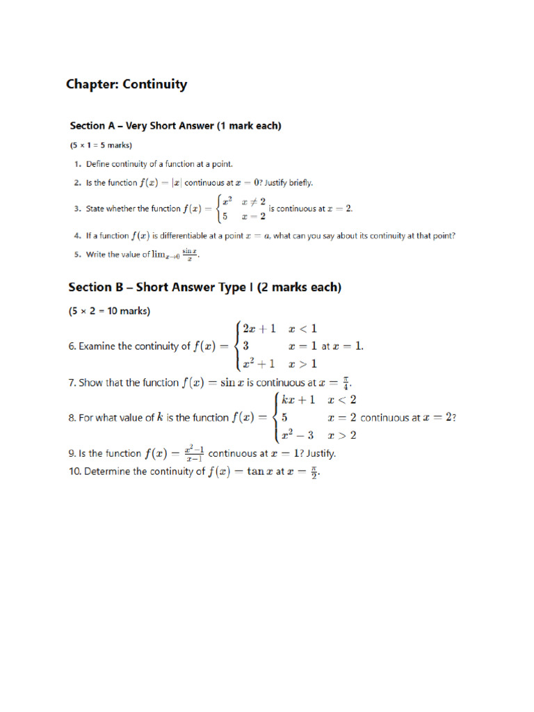 Continuity Practice Questions Beginers | PDF