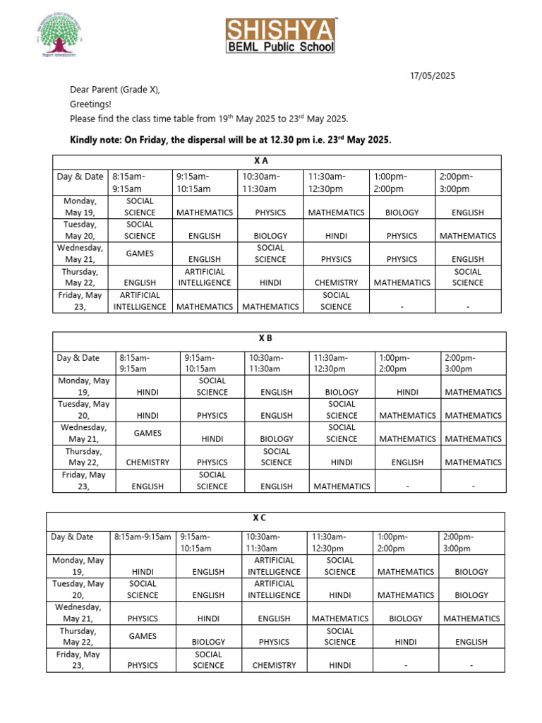 Class Time Table Grade X | PDF | Science | Inquiry