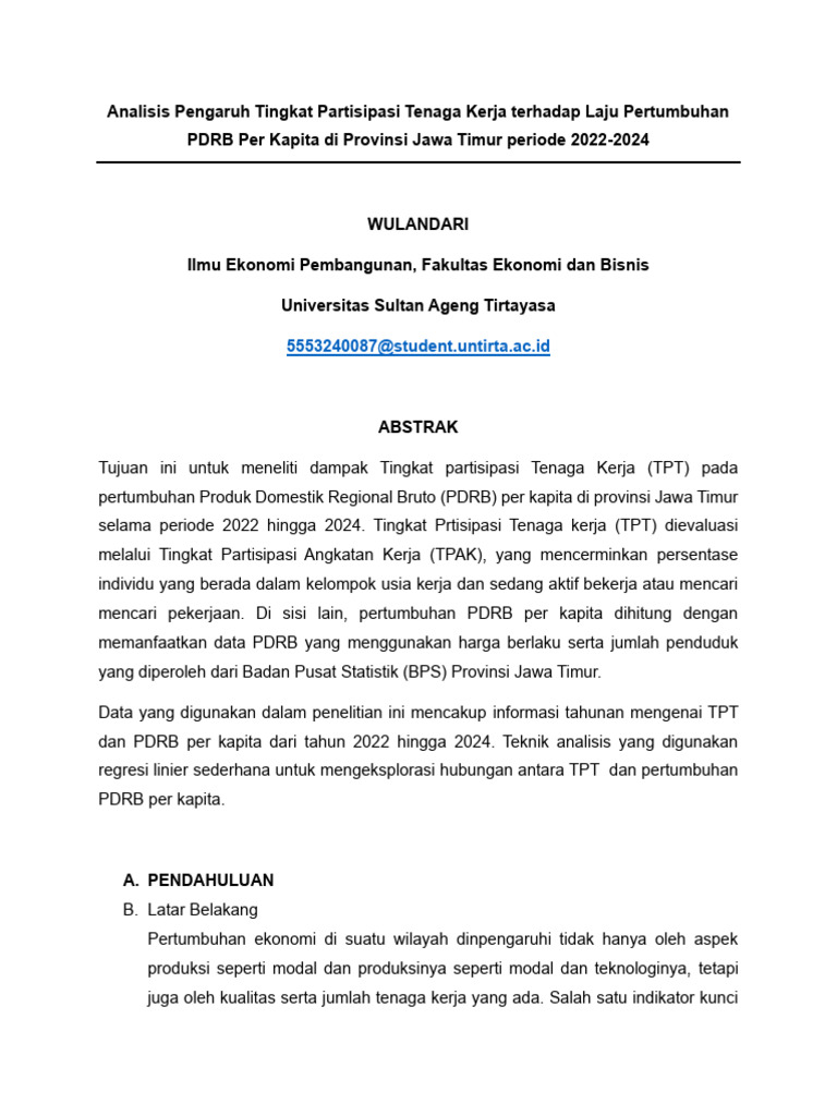 Analisis Pengaruh Tingkat Partisipasi Tenaga Kerja Terhadap Laju Pertumbuhan PDRB Per Kapita Di ...
