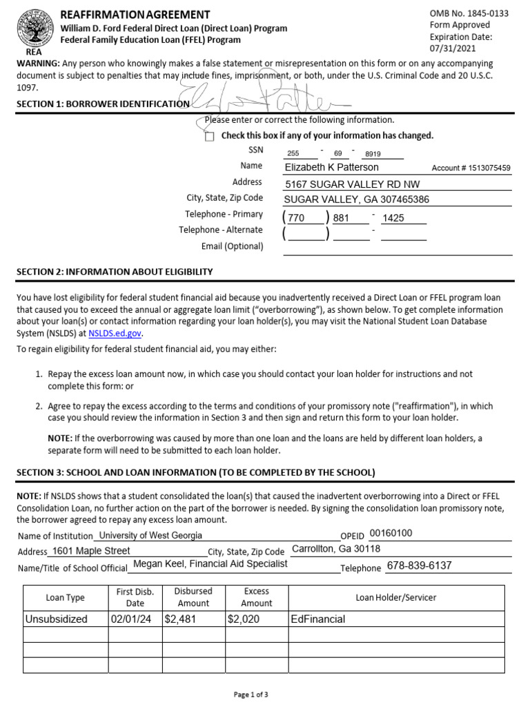Reaffirmation Agreement for Student Loans | PDF | Loans | Student ...