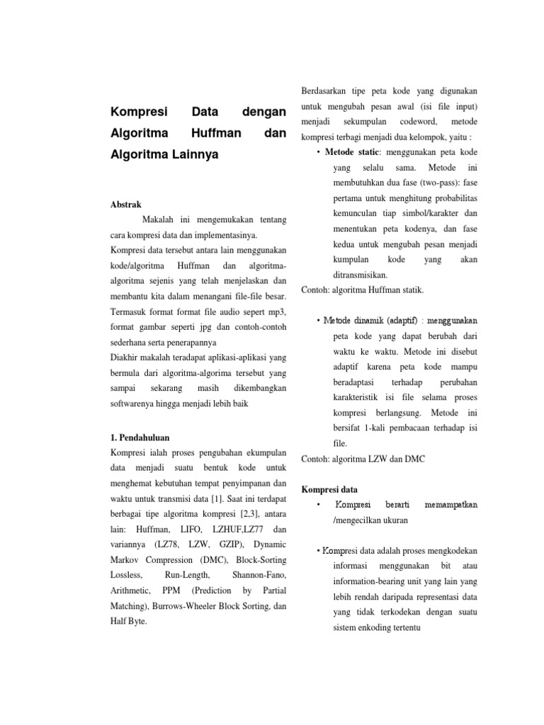 Kompresi Data Dengan Algoritma Huffman Dan Algoritma Lainnya | PDF