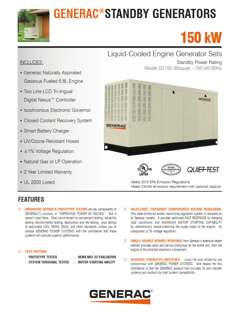 Generac 150 kW Gas Generator Specs | PDF | Engines | Electric Generator
