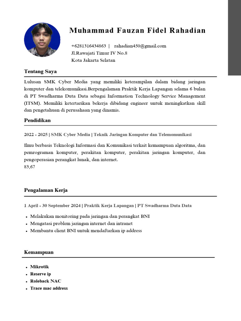 CV Dan Surat Lamaran, 12 TJKT 3 Muhammad Fauzan Fidel Rahadian | PDF