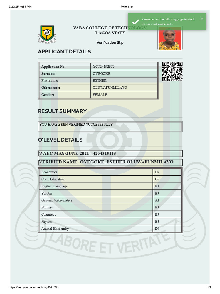 Print Slip Esther Verification of Result | PDF