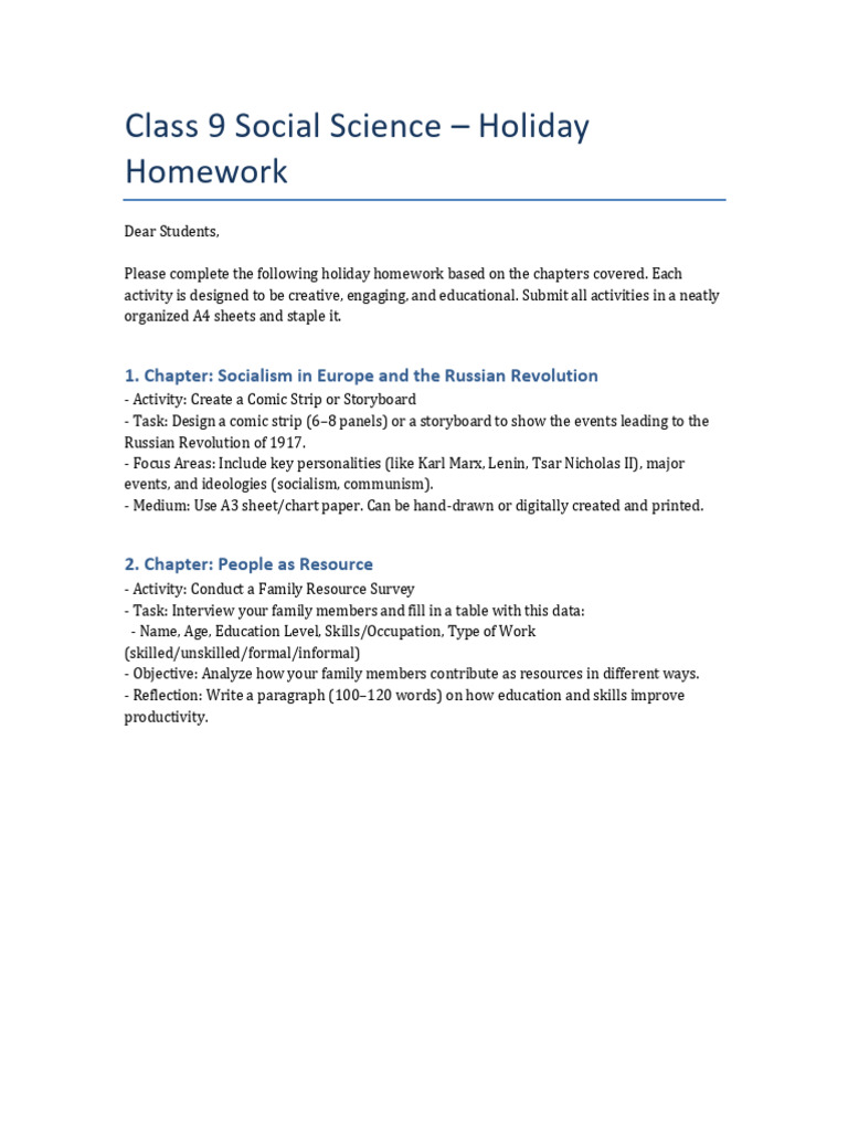 Class 9 Social Science Holiday Homework | PDF