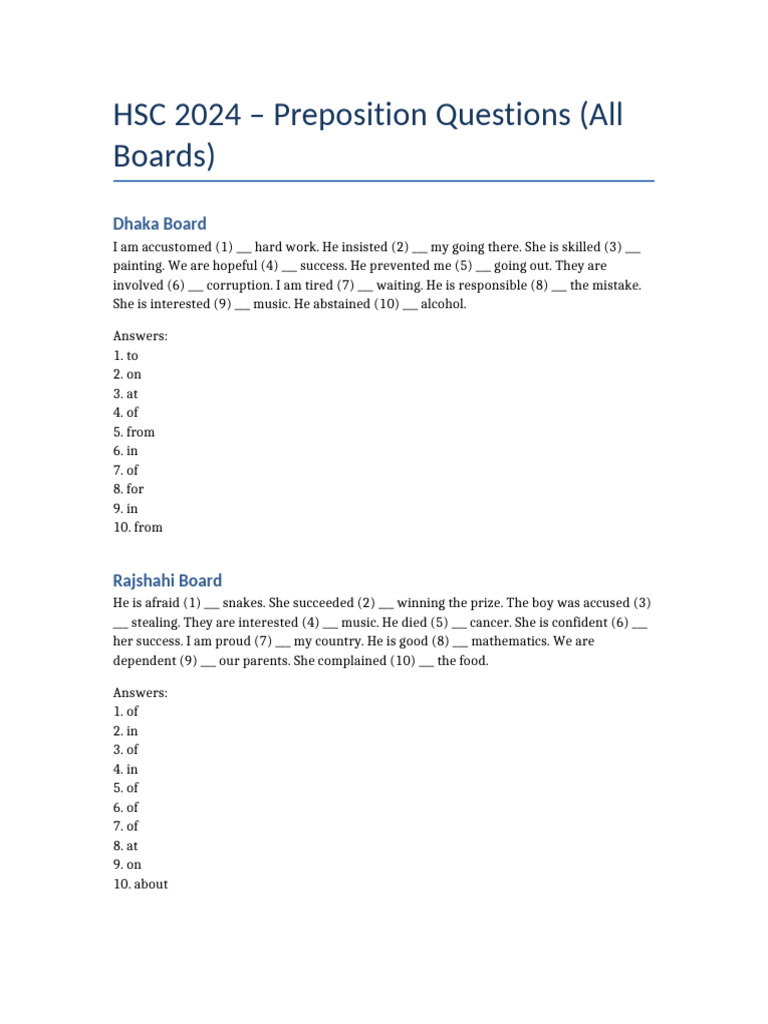 HSC 2024 Prepositions All Boards | PDF
