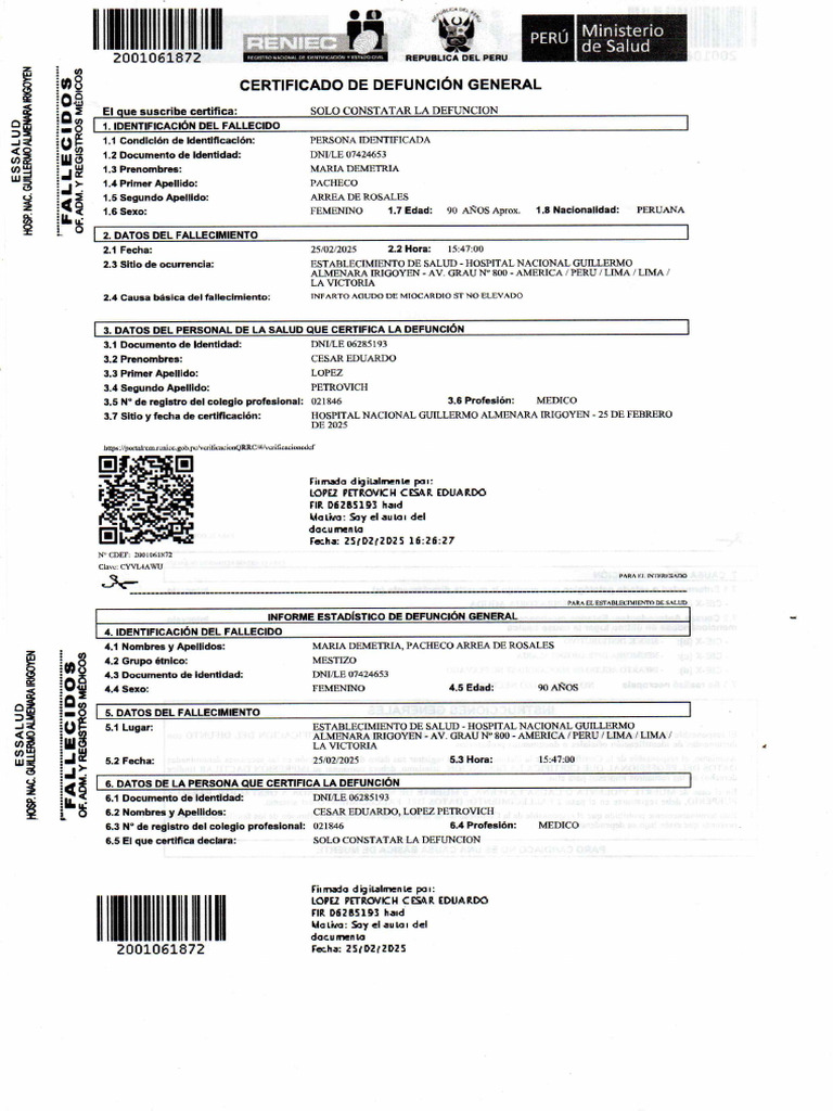 Certificado de Defunción General María Demetria Pacheco Arrea de ...