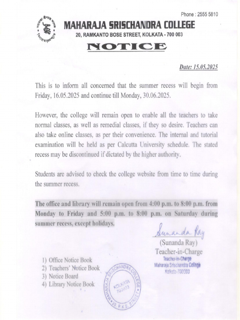 Notice For Summer Recess | PDF
