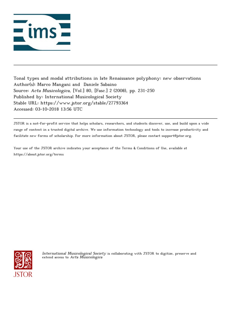MANGANI, SABAINO Tonal Types and Modal Attributions in Late Renaissance ...