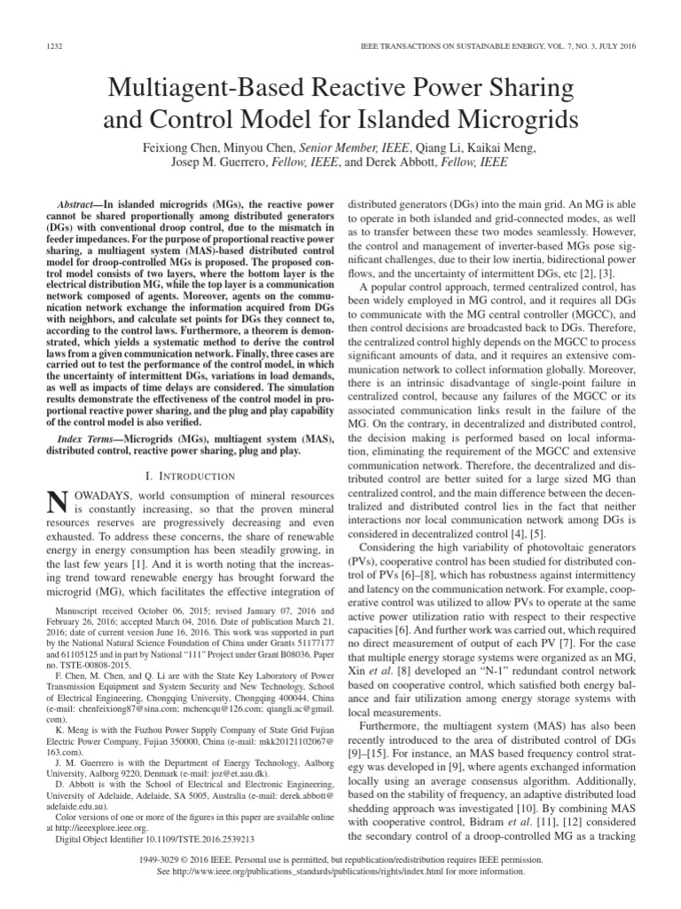 Multiagent-Based Reactive Power Sharing and Control Model For Islanded Microgrids | PDF ...