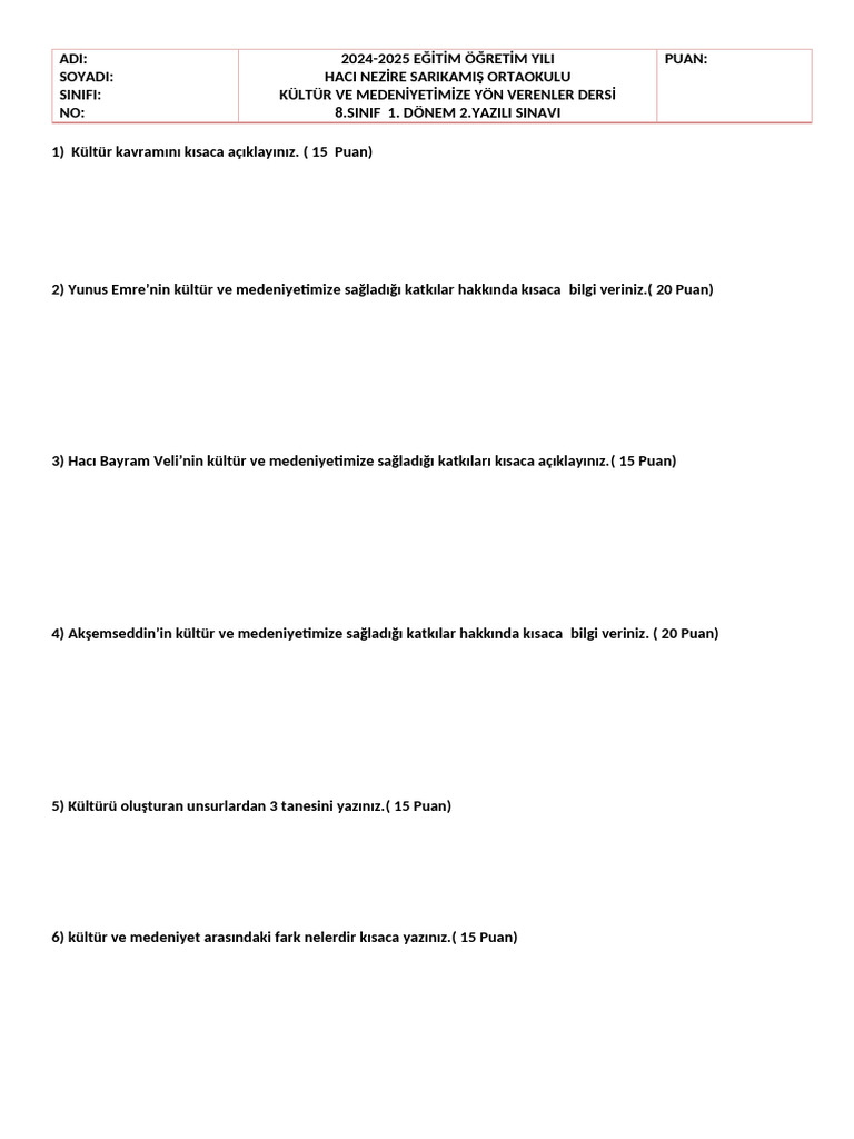 8.sinif Kultur Ve Medeniyetimize Yon Verenler Dersi 1. Donem 2. Yazili Sorulari 2024 2025 | PDF