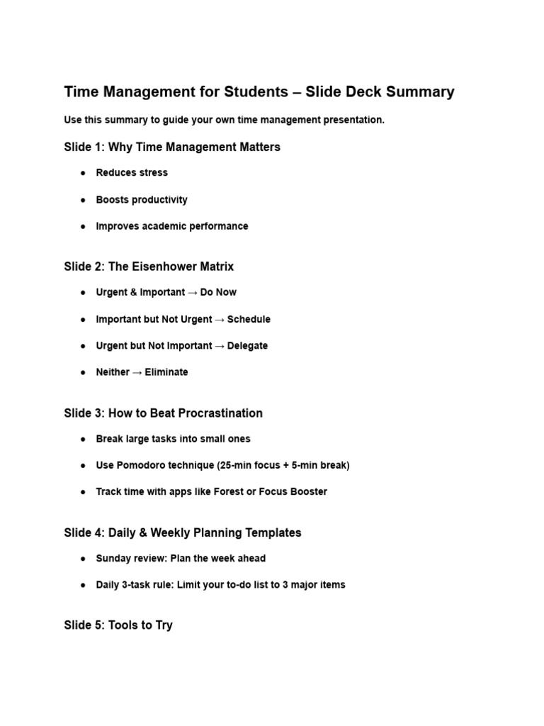 Time Management For Students - Slide Deck Summary | PDF