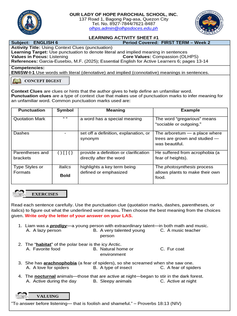 ENG6 - T1-W1-Using Context Clues (Punctuation) | PDF | Bracket ...