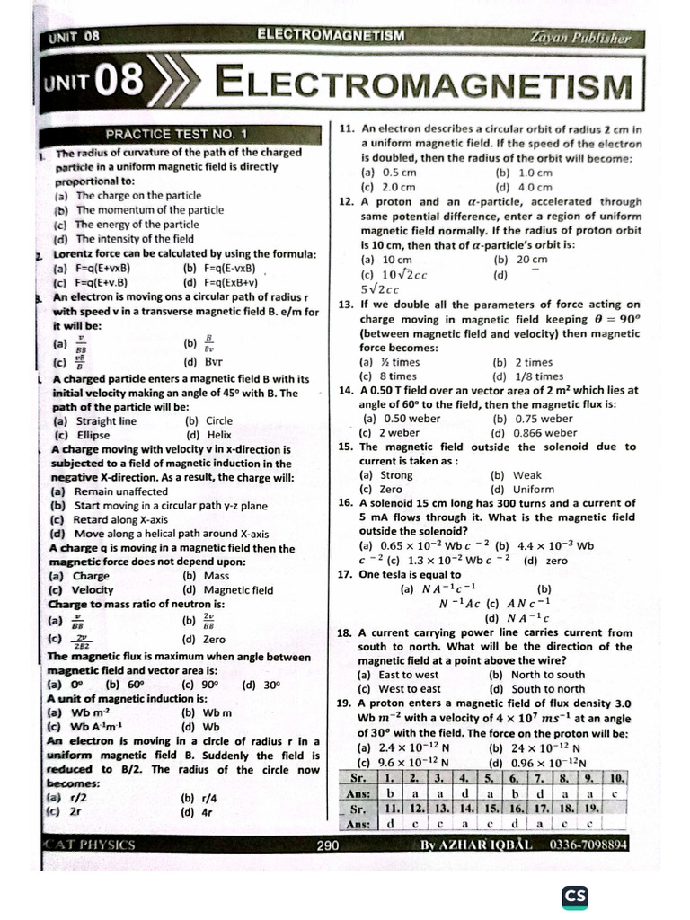 Practice MCQ Chapter Electromagnetism | PDF