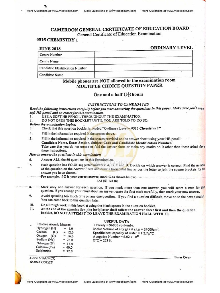 Chemistry O Level Paper 1 2018 Cameroon Gce Questions Meetlearn | PDF