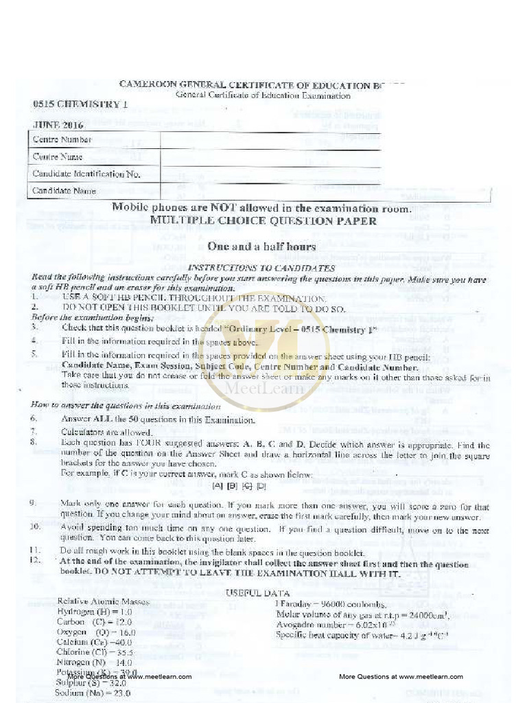 GCE O Level Chemistry Past Questions | PDF | Chemical Reactions | Chlorine