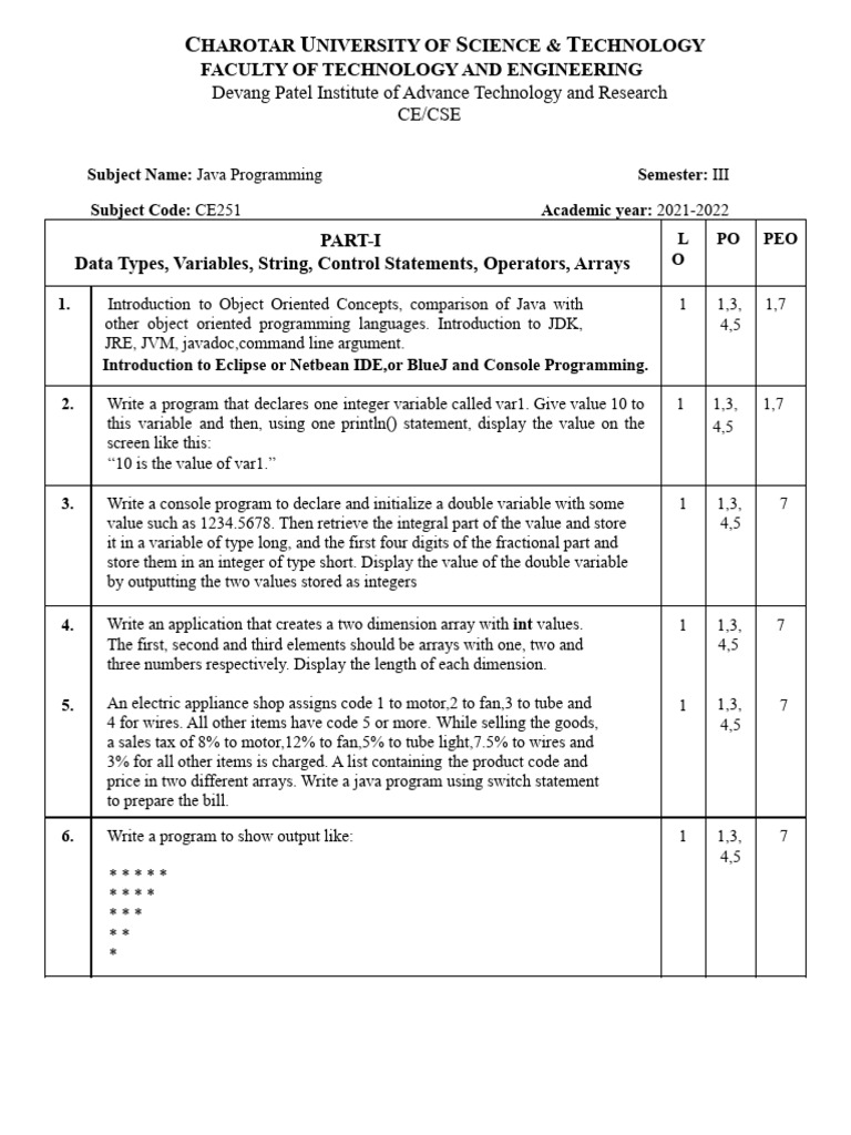 CE251 Java Practical List Updated 2021 22 | PDF | Class (Computer Programming) | Method ...