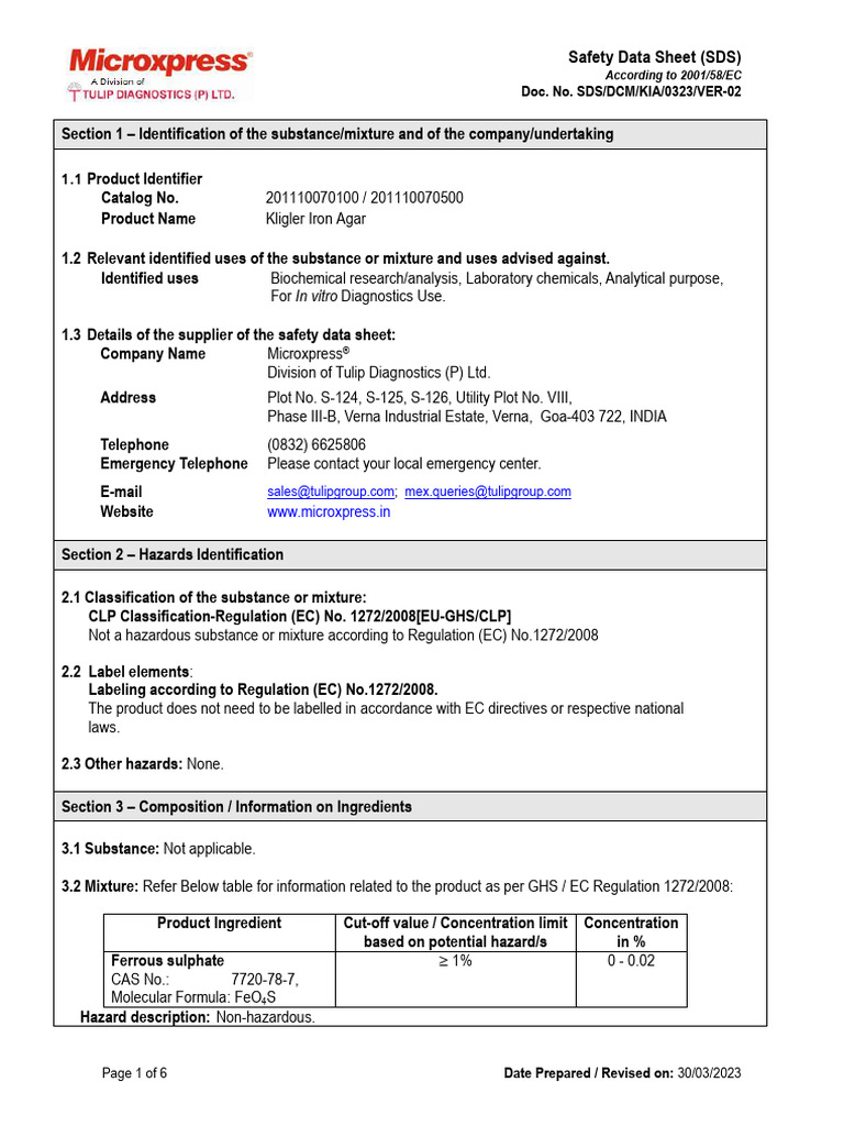 Kligler-Iron-Agar Msds 16320231006.053520 | PDF | Personal Protective Equipment | Dangerous Goods
