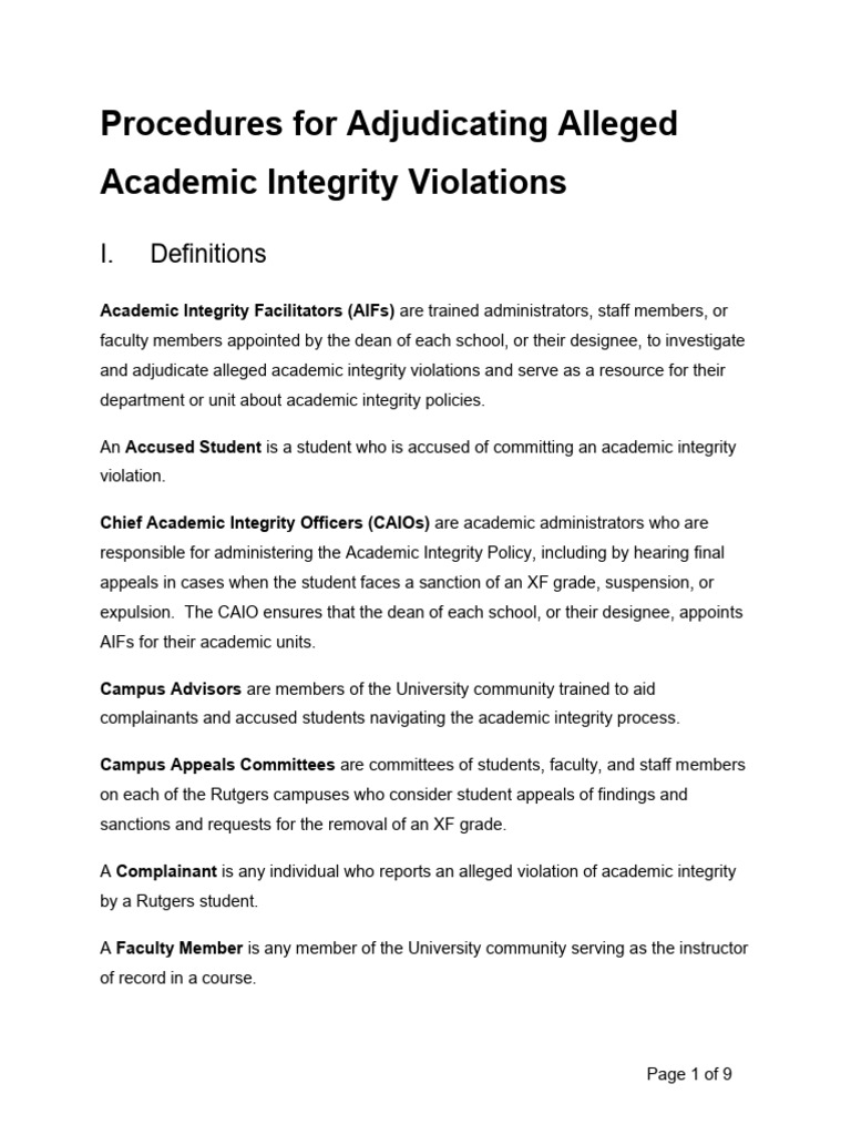 Procedures For Adjudicating Alleged Academic Integrity Violations 2 | PDF | Academic Integrity ...