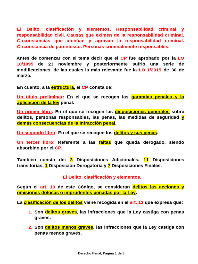 Tema 1 (Eo) El Delito, Clasificación y Elementos | PDF | Derecho penal ...