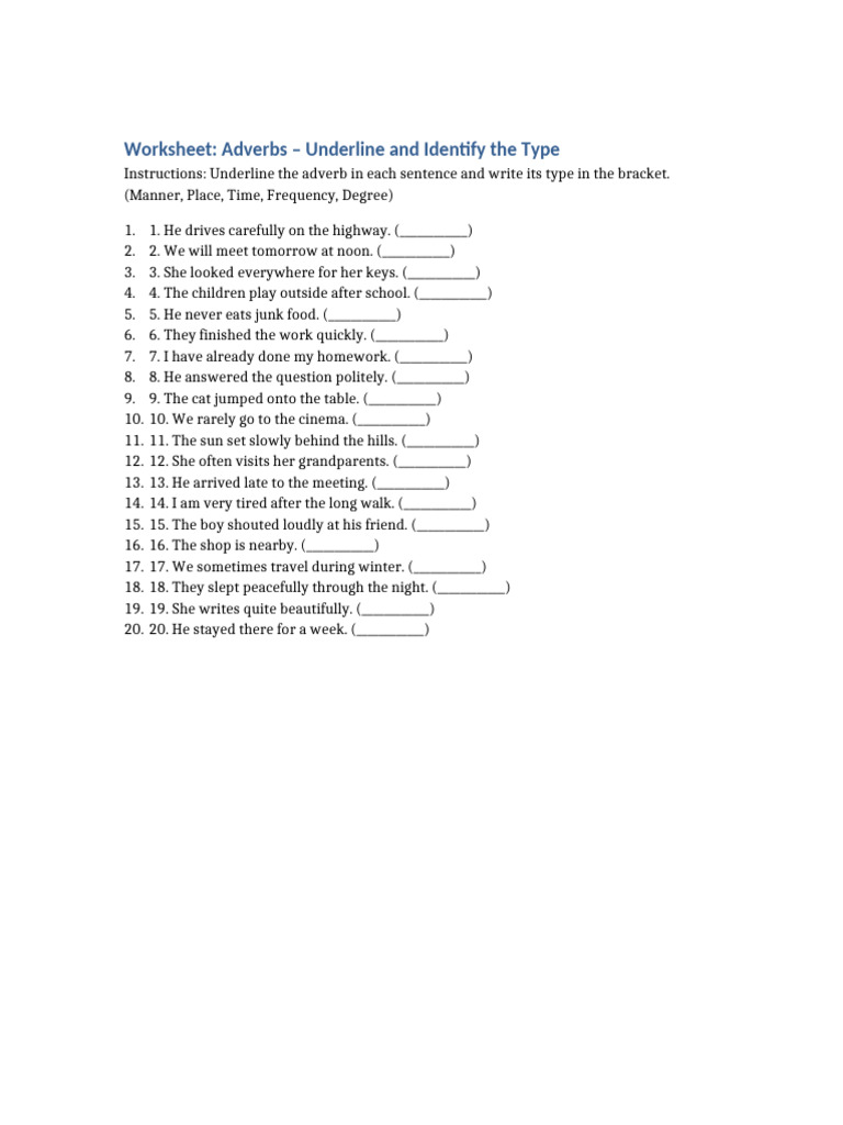 Adverb Worksheet and Answer Key | PDF
