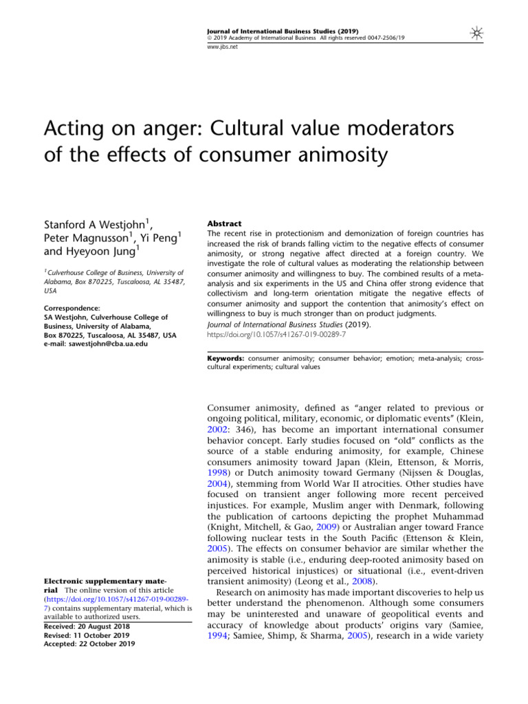 Acting On Anger Cultural Value Moderators | PDF | Effect Size | Cognition