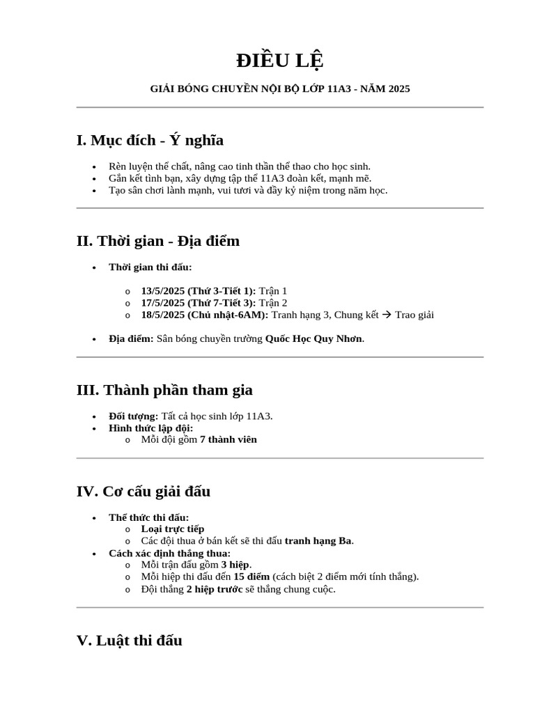 Điều Lệ Giải Bóng Chuyền 11a3 | PDF