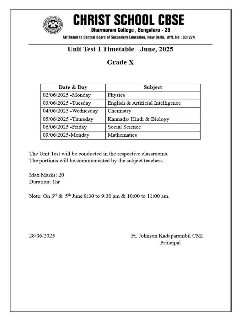 Unit Test Timetable - 5457 | PDF