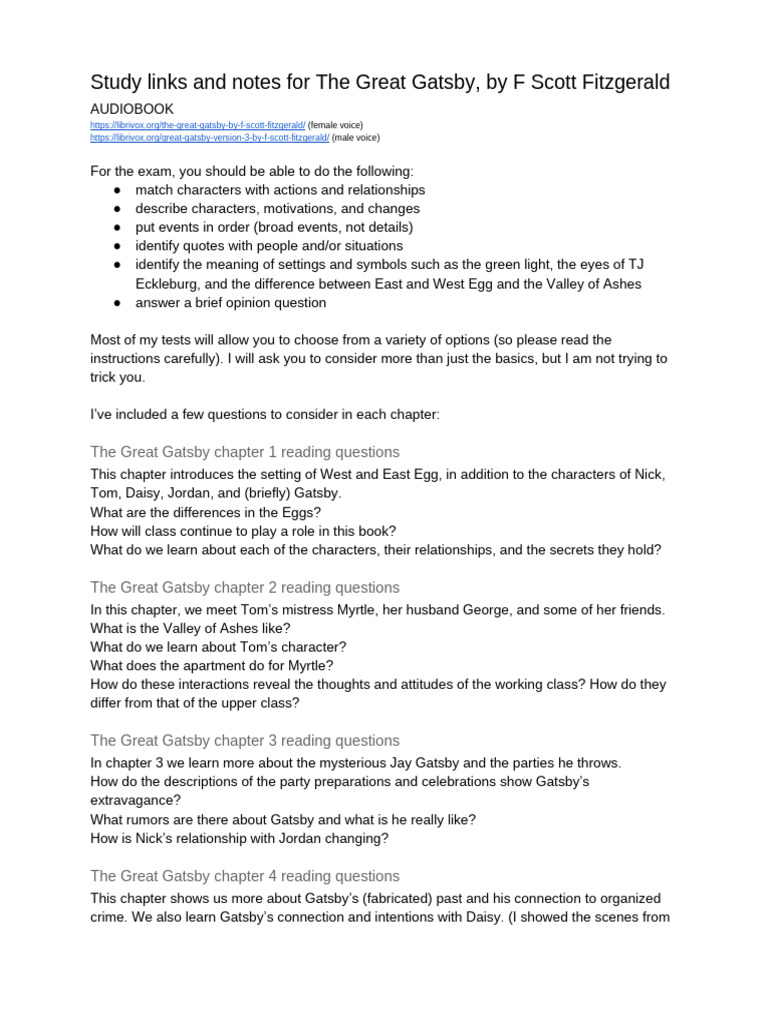 Great Gatsby Study Guide and Audiobook Links | PDF | The Great Gatsby