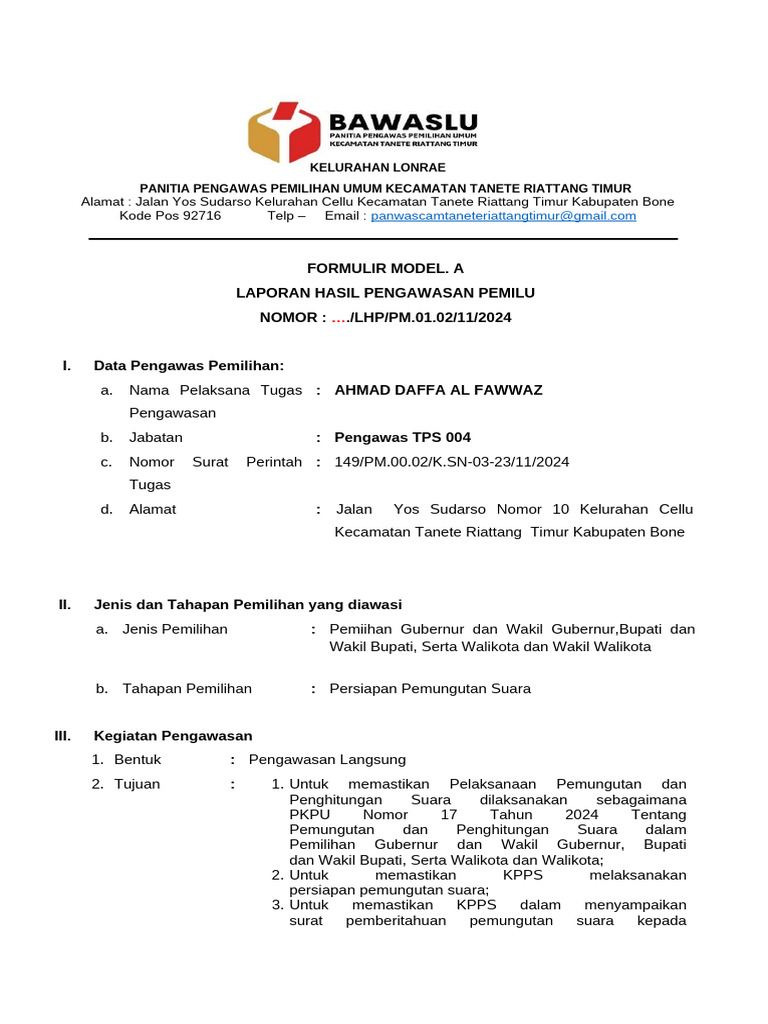 Template LHP (Form-A) - Pengawas Tps - Pengawasan Penyampaian Surat Pemberitahuan | PDF