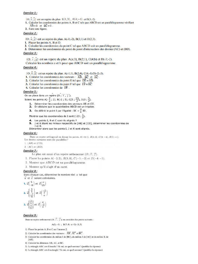 Exercices Vecteurs Et Coordonnées Seconde | PDF