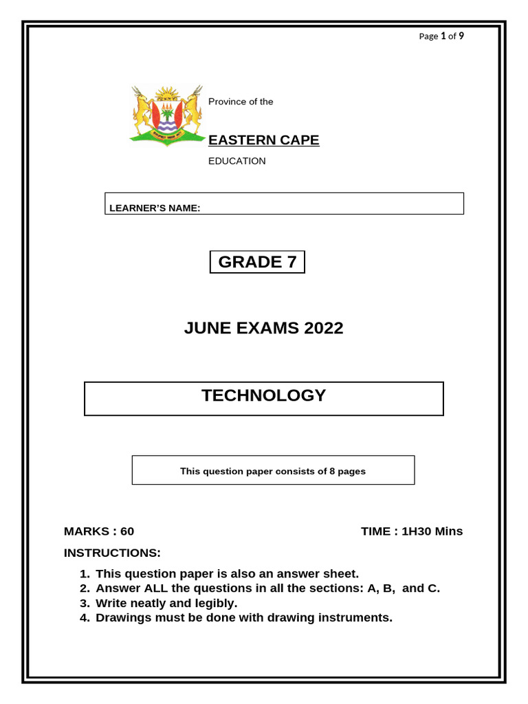 Technology Grade 7 June Exams Question Paper 2022 | PDF | Lever | Drawing