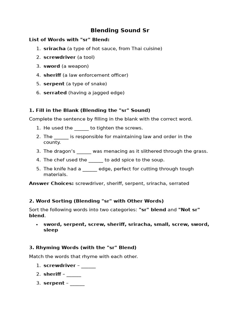 Activities for "sr" Blend Words | PDF