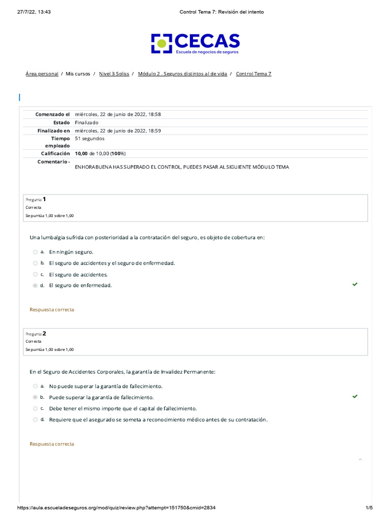 Control Tema 7 - Revisión Del Intento Modulo 2 | PDF | Seguro | Póliza de seguros