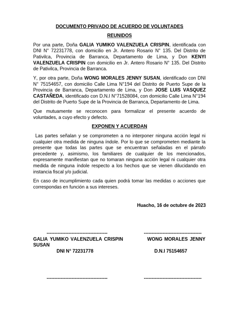 Documento Privado de Acuerdo de Voluntades | PDF